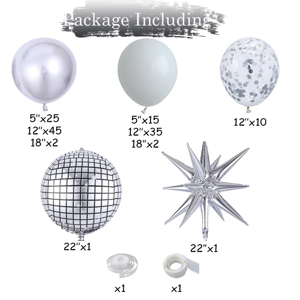 White and Silver Disco Ball Balloon Garland Arch Kit 135pcs Metallic Silver Matte White Balloon with 4D Disco Ball and Starburst Foil Balloon for Anniersary Disco Birthday Party Decoration