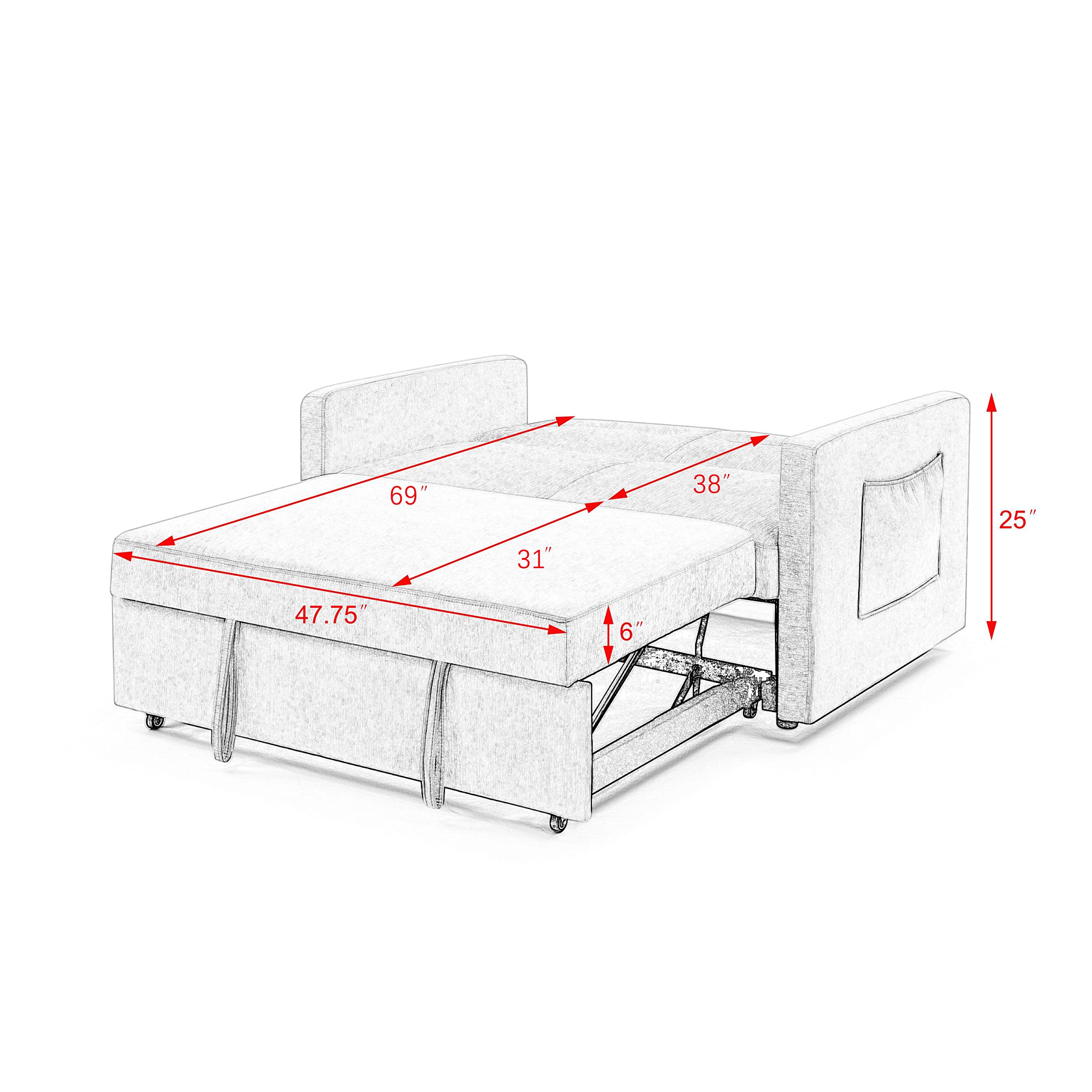 LIADTOP 54.5'' Modern Convertible Sleeper Two Side Pockets, Grey Fabric w/Pull-Out Bed Loveseat Sofa Couch and Adjsutable Back for Living Room