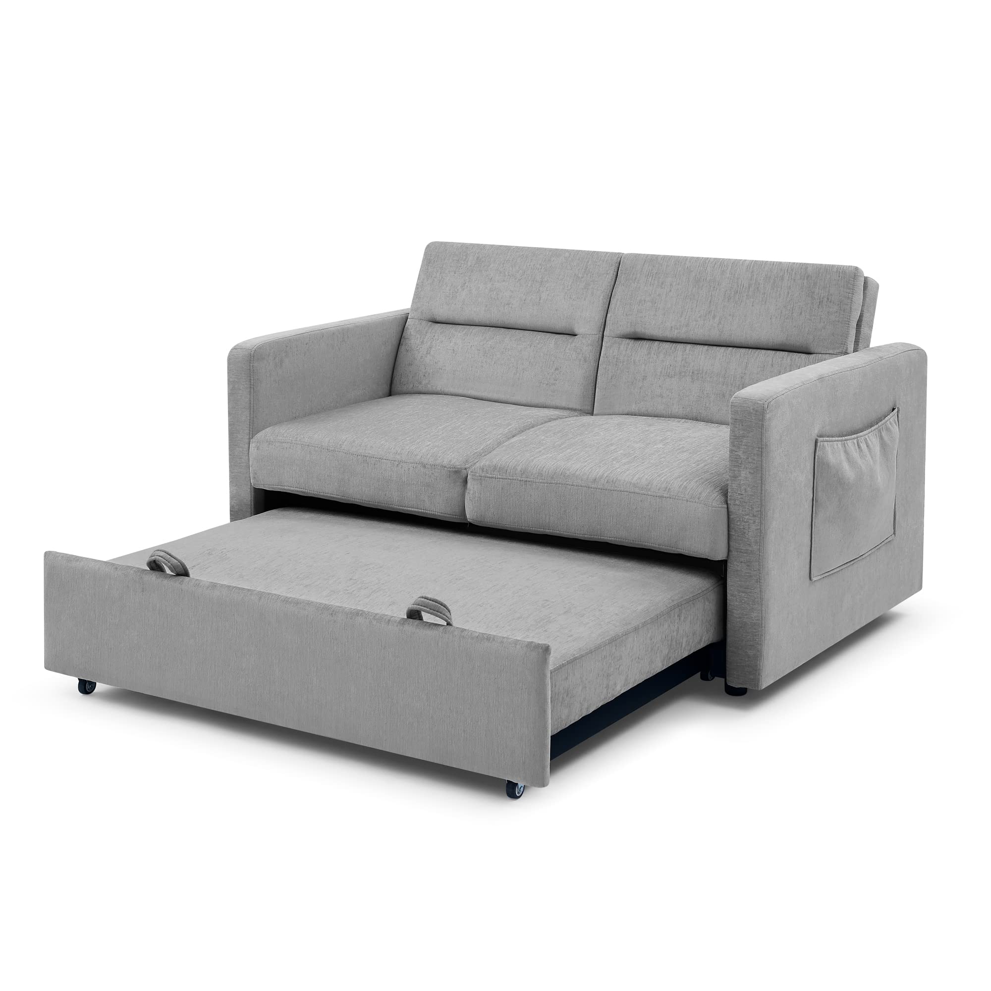 LIADTOP 54.5'' Modern Convertible Sleeper Two Side Pockets, Grey Fabric w/Pull-Out Bed Loveseat Sofa Couch and Adjsutable Back for Living Room