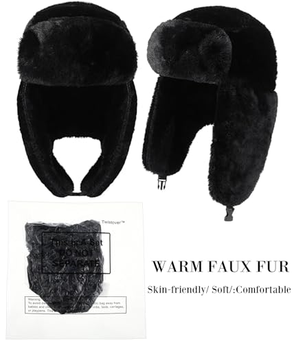 Twistover 2 Pcs Trapper Hat Furry Ushanka Russian Hat Warm Fluffy Hat Windproof Winter Hat Earflap Ski Hunting Hat Men Women(Black)
