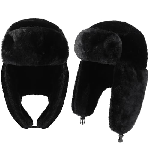 Twistover 2 Pcs Trapper Hat Furry Ushanka Russian Hat Warm Fluffy Hat Windproof Winter Hat Earflap Ski Hunting Hat Men Women(Black)