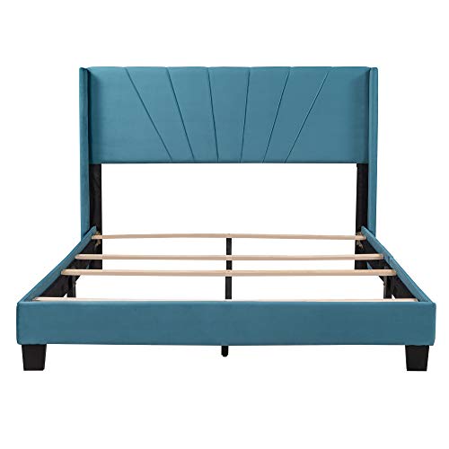Prohon Bed Frame Queen Size with Velvet Wingback Headboard, Upholstered Platform Bed Box Spring Needed, Silent Design Comfort Bedframe w/Strong Wood Slats Support, Easy to Install, Blue