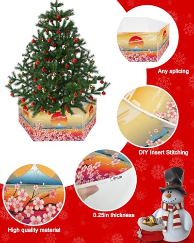 Christmas Tree Collar 4PCS-17"x10", Christmas Tree Ring Japanese-Style Mount Fuji Cherry Blossom Sunset Orange Christmas Tree Stands Skirts Base Covers for Xmas Holiday Home Decor