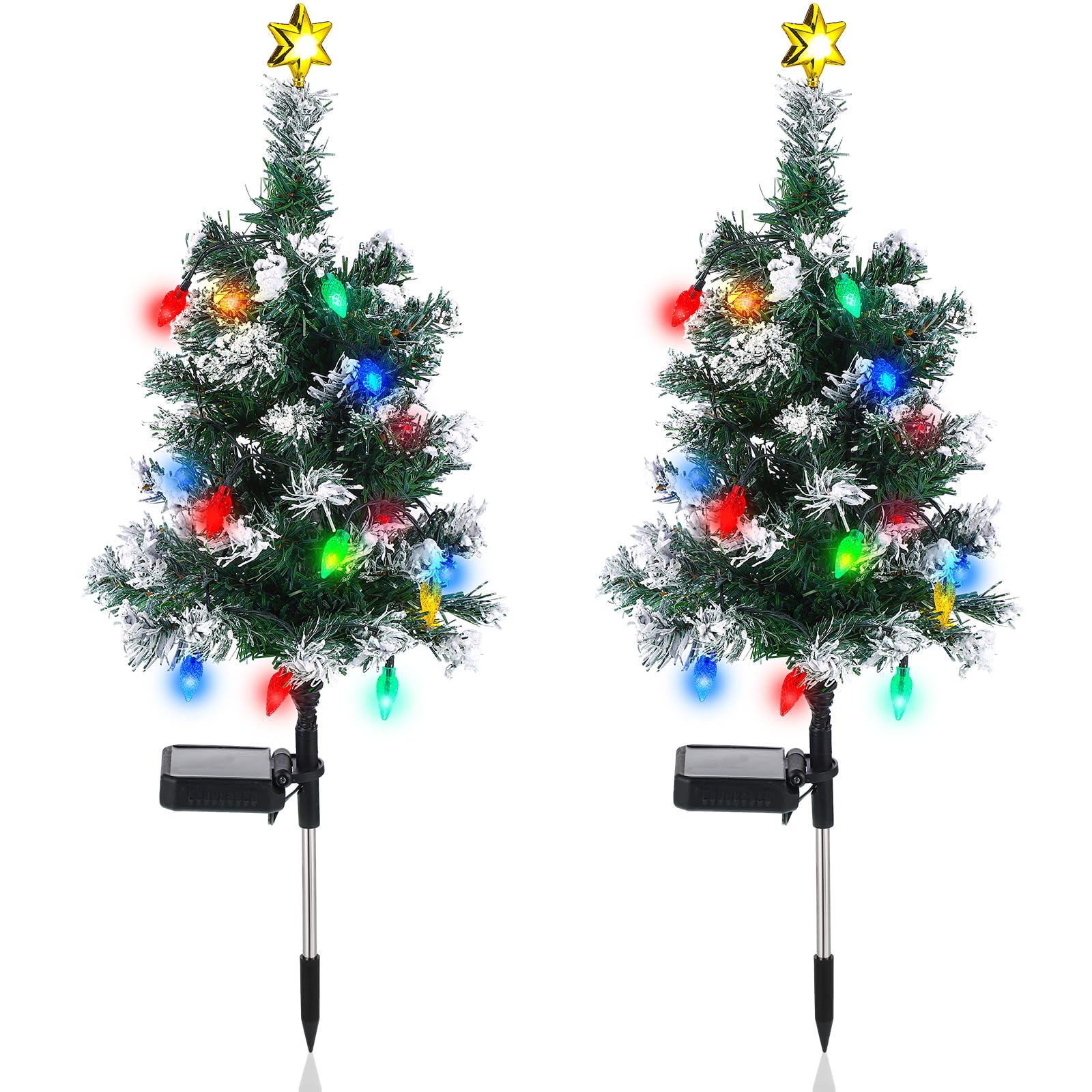 Baquler 2 Pcs Solar Christmas Tree Garden Stake Lights Outdoor Christmas Tree Lighted Yard Decorations Multicolor LED Solar Stakes for Pathway Lawn Patio Xmas Ornament(Strawberry)