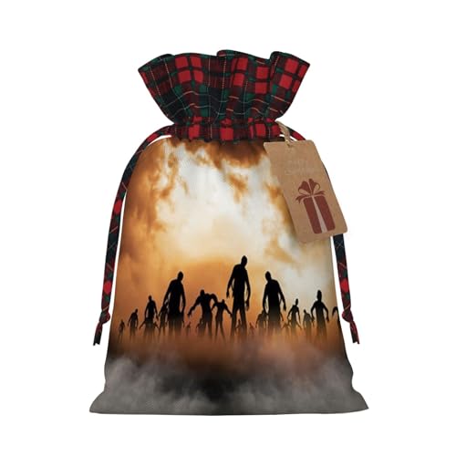 Fubido Halloween Theme,Buffalo Plaid Drawstring Bags,Zombies Dead Men Walking Body Print,Reusable Fabric Sacks Xmas Gift Bag for Christmas Present Goody Birthday Thanksgiving Holiday Party,Orange Black-S