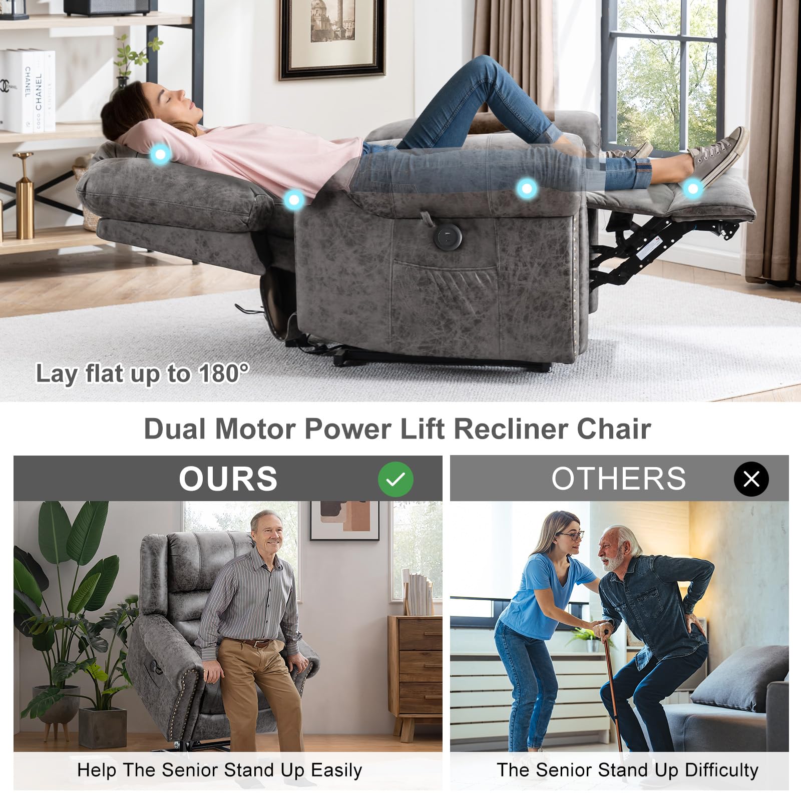 CDCASA Dual Motor Lay Flat Lift Chairs Recliners for Elderly with Massage and Heat, Breathable Leather Infinite Position Large Sleeping Electric Power Lift Chair Recliner for Seniors, Grey