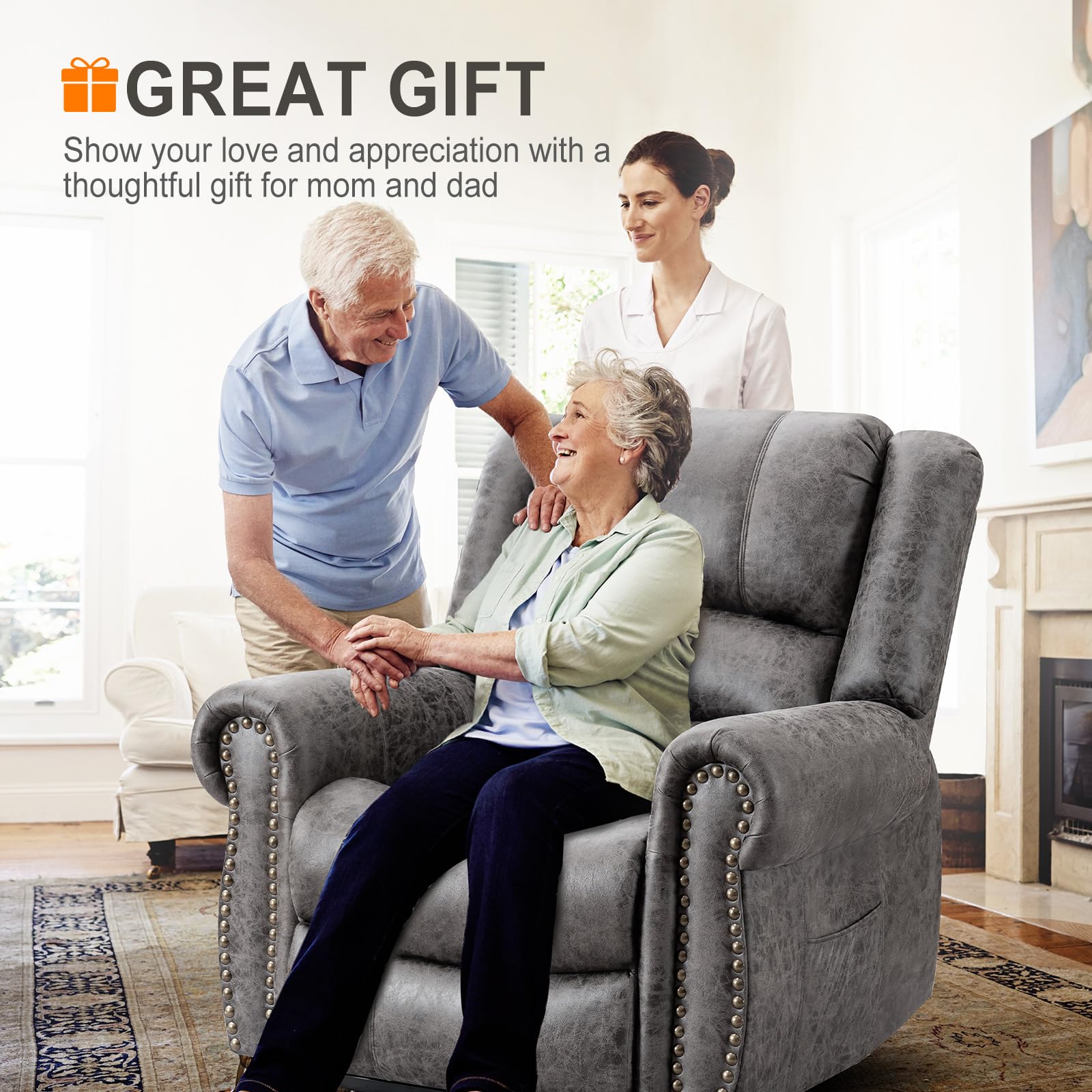 CDCASA Dual Motor Lay Flat Lift Chairs Recliners for Elderly with Massage and Heat, Breathable Leather Infinite Position Large Sleeping Electric Power Lift Chair Recliner for Seniors, Grey