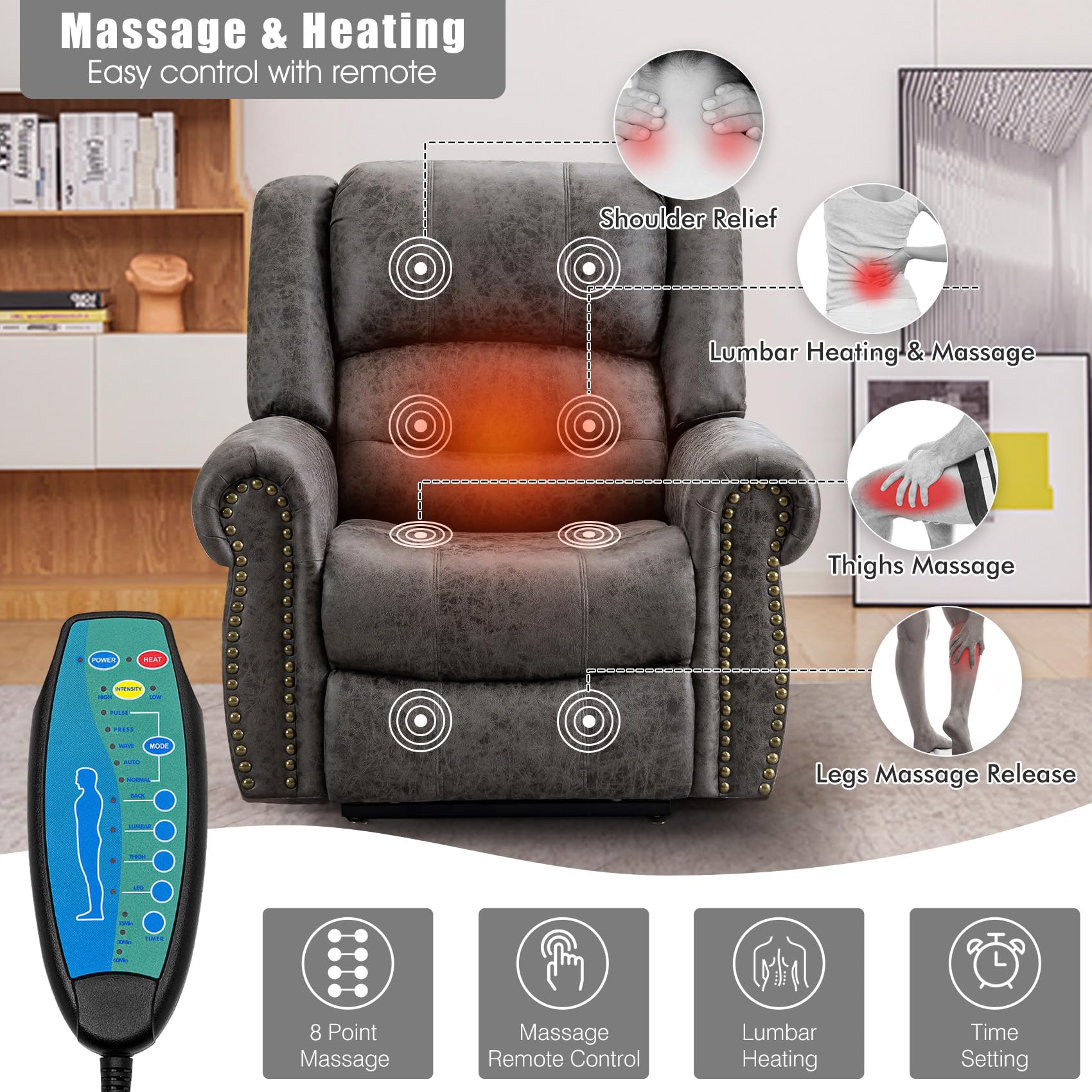 CDCASA Dual Motor Lay Flat Lift Chairs Recliners for Elderly with Massage and Heat, Breathable Leather Infinite Position Large Sleeping Electric Power Lift Chair Recliner for Seniors, Grey