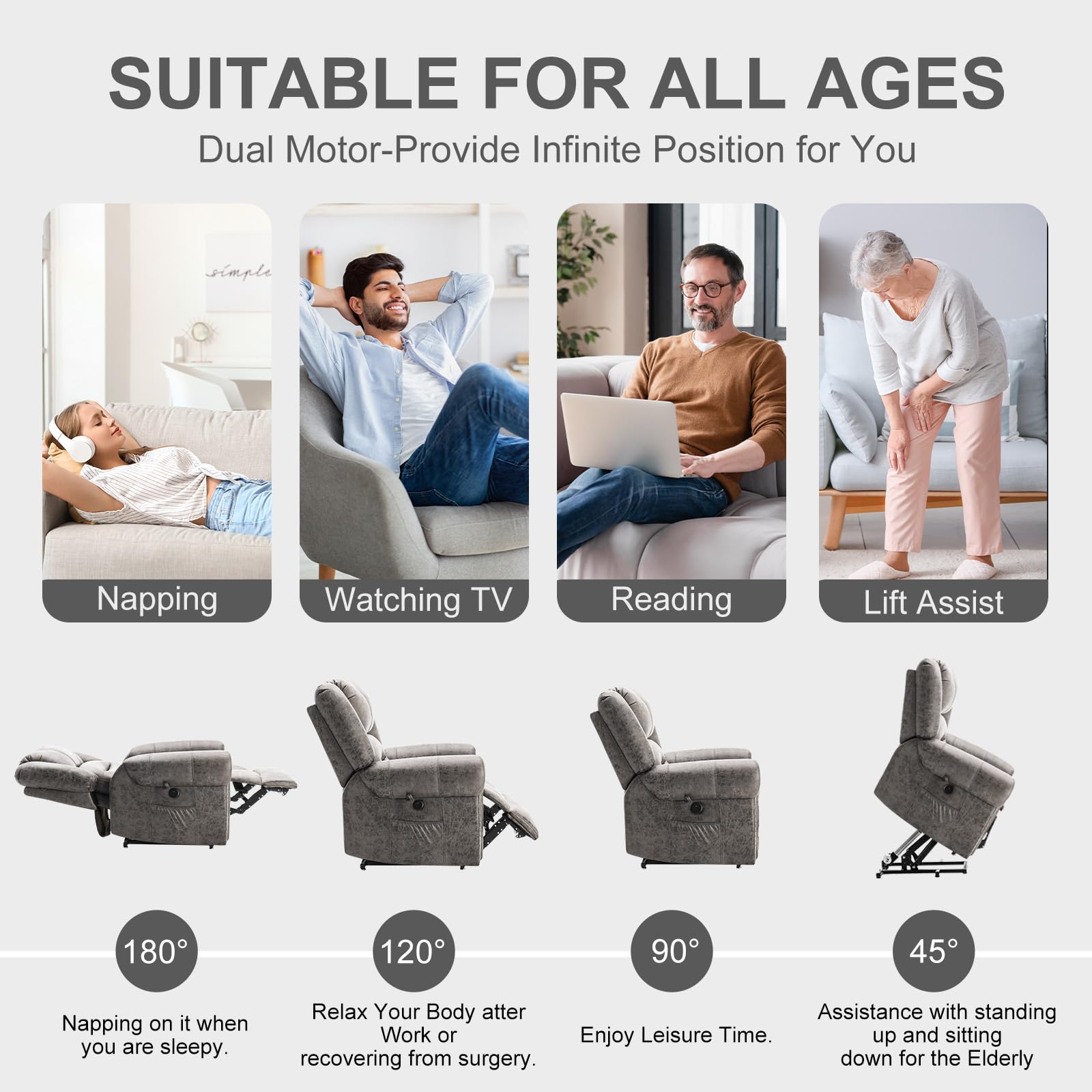 CDCASA Dual Motor Lay Flat Lift Chairs Recliners for Elderly with Massage and Heat, Breathable Leather Infinite Position Large Sleeping Electric Power Lift Chair Recliner for Seniors, Grey