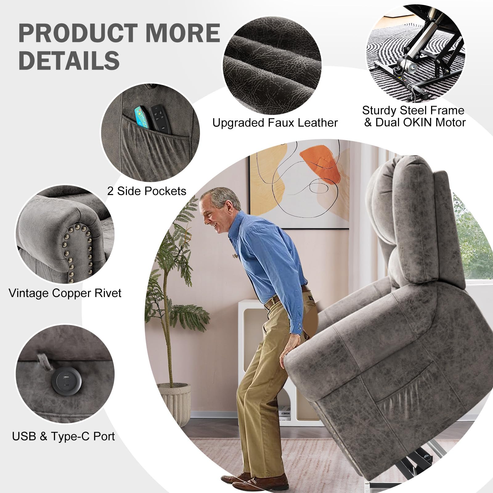 CDCASA Dual Motor Lay Flat Lift Chairs Recliners for Elderly with Massage and Heat, Breathable Leather Infinite Position Large Sleeping Electric Power Lift Chair Recliner for Seniors, Grey