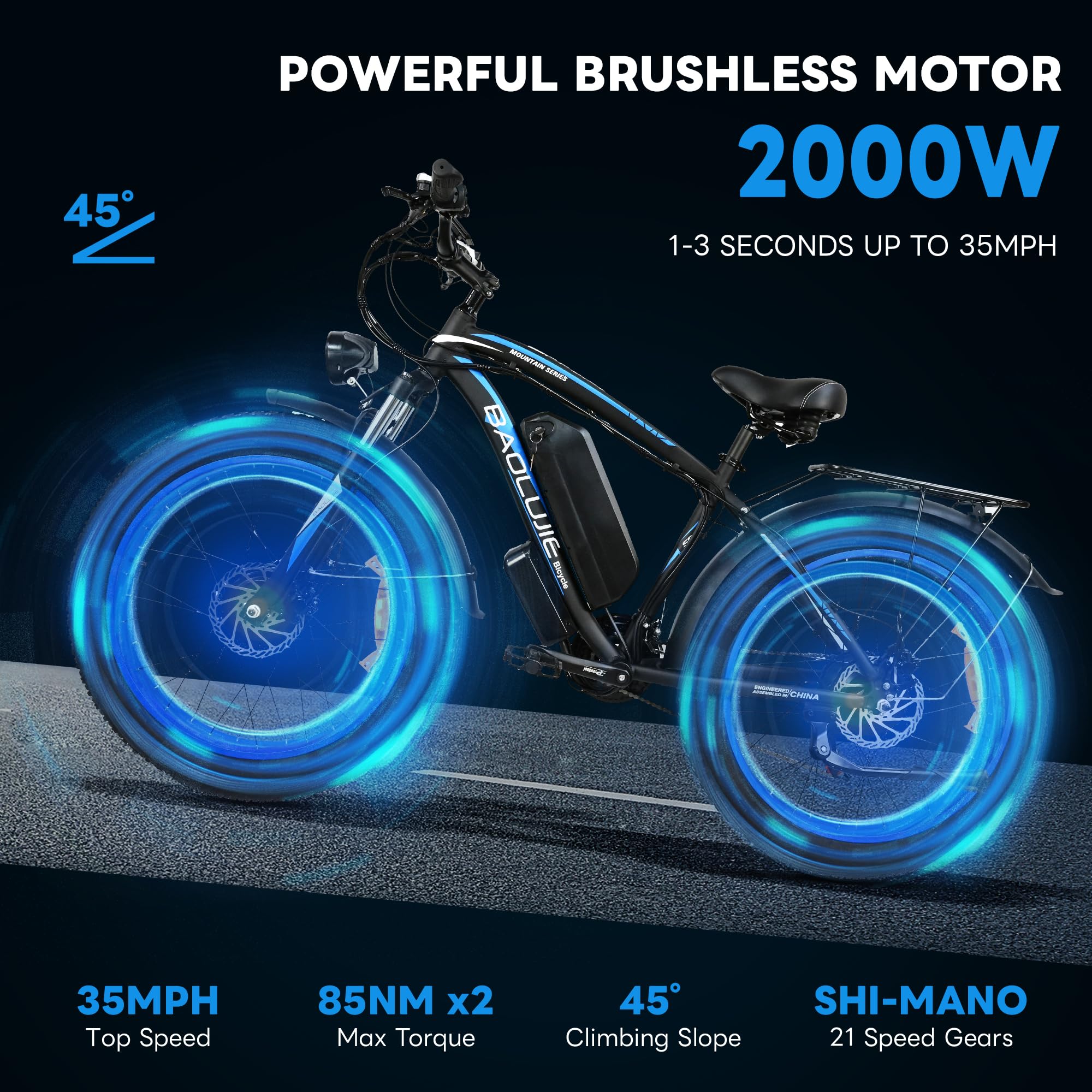 COJMOYOV 2000W Electric Bike with 20AhRemovable Battery 26"ร4"Fat Tire Ebike for Adults 35MPH 80MilesElectric Bicycles with 21Speed Cruise Control Lockable Front Suspension Hydraulic Disc Brake (Blue)