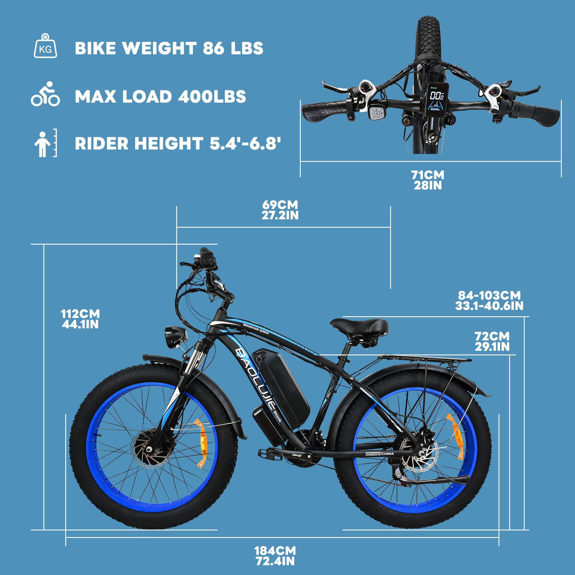 COJMOYOV 2000W Electric Bike with 20AhRemovable Battery 26"ร4"Fat Tire Ebike for Adults 35MPH 80MilesElectric Bicycles with 21Speed Cruise Control Lockable Front Suspension Hydraulic Disc Brake (Blue)