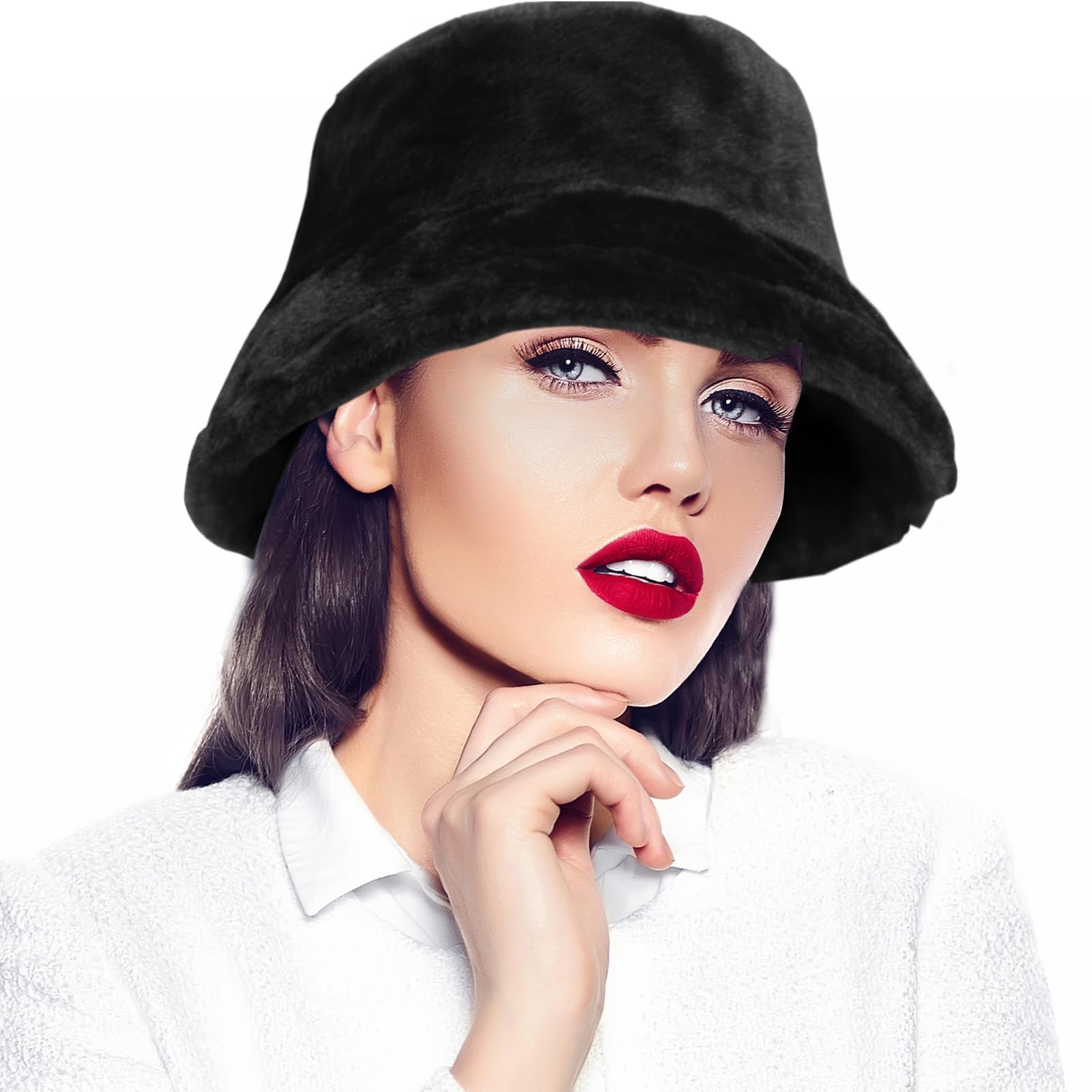 Rurymoe Faux Fur Fuzzy Winter Bucket Hats for Women Men,Fluffy Warm Hat for Daily, Casual,Sports,Skiing Black