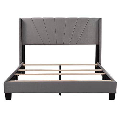 HBRR Queen Size Bed Frame with Velvet Upholstered Headboard, Low Profile Platform Bed with Wood Slats, Fully Upholstered Mattress Foundation, Noise-Free, Easy Assembly, Gray