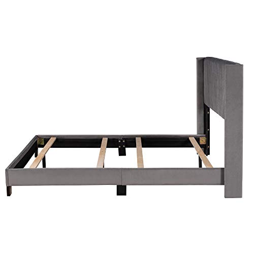HBRR Queen Size Bed Frame with Velvet Upholstered Headboard, Low Profile Platform Bed with Wood Slats, Fully Upholstered Mattress Foundation, Noise-Free, Easy Assembly, Gray