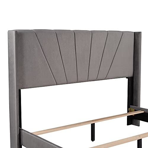 HBRR Queen Size Bed Frame with Velvet Upholstered Headboard, Low Profile Platform Bed with Wood Slats, Fully Upholstered Mattress Foundation, Noise-Free, Easy Assembly, Gray