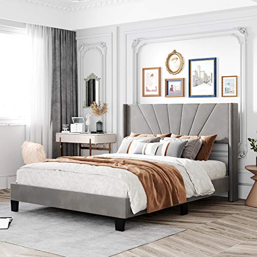 HBRR Queen Size Bed Frame with Velvet Upholstered Headboard, Low Profile Platform Bed with Wood Slats, Fully Upholstered Mattress Foundation, Noise-Free, Easy Assembly, Gray