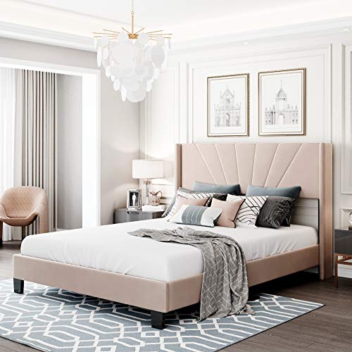 HBRR Queen Size Bed Frame with Velvet Upholstered Headboard, Low Profile Platform Bed with Wood Slats, Fully Upholstered Mattress Foundation, Noise-Free, Easy Assembly, Beige