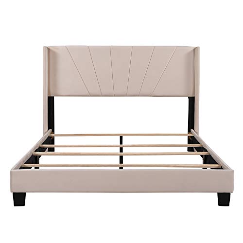 HBRR Queen Size Bed Frame with Velvet Upholstered Headboard, Low Profile Platform Bed with Wood Slats, Fully Upholstered Mattress Foundation, Noise-Free, Easy Assembly, Beige