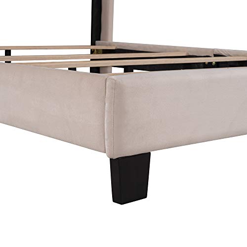HBRR Queen Size Bed Frame with Velvet Upholstered Headboard, Low Profile Platform Bed with Wood Slats, Fully Upholstered Mattress Foundation, Noise-Free, Easy Assembly, Beige