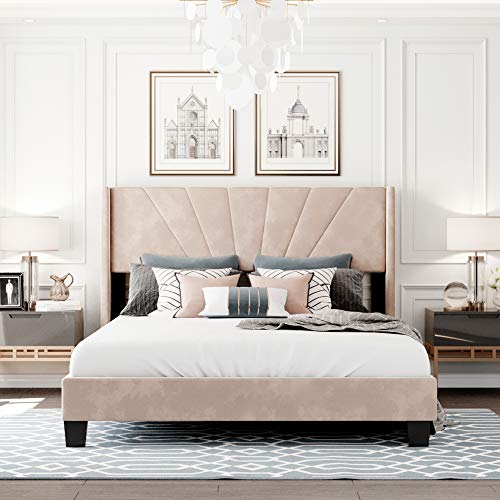 HBRR Queen Size Bed Frame with Velvet Upholstered Headboard, Low Profile Platform Bed with Wood Slats, Fully Upholstered Mattress Foundation, Noise-Free, Easy Assembly, Beige