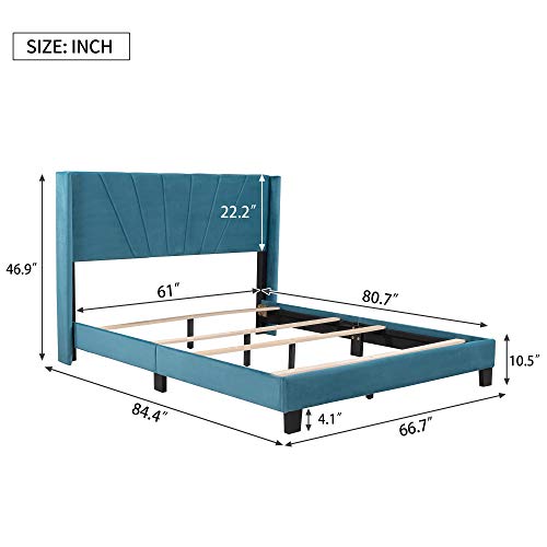 HBRR Queen Size Bed Frame with Velvet Upholstered Headboard, Low Profile Platform Bed with Wood Slats, Fully Upholstered Mattress Foundation, Noise-Free, Easy Assembly, Blue