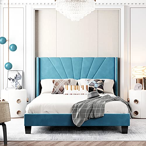 HBRR Queen Size Bed Frame with Velvet Upholstered Headboard, Low Profile Platform Bed with Wood Slats, Fully Upholstered Mattress Foundation, Noise-Free, Easy Assembly, Blue