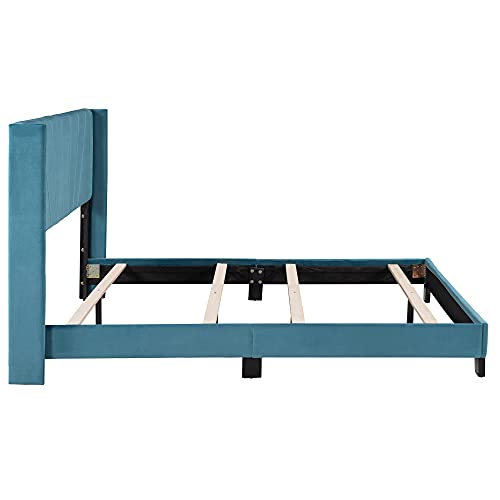 HBRR Queen Size Bed Frame with Velvet Upholstered Headboard, Low Profile Platform Bed with Wood Slats, Fully Upholstered Mattress Foundation, Noise-Free, Easy Assembly, Blue