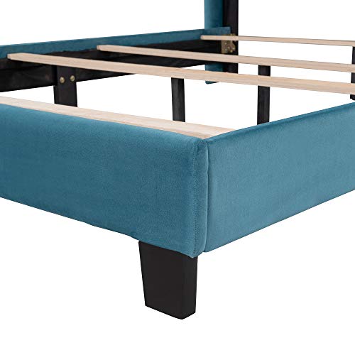 HBRR Queen Size Bed Frame with Velvet Upholstered Headboard, Low Profile Platform Bed with Wood Slats, Fully Upholstered Mattress Foundation, Noise-Free, Easy Assembly, Blue