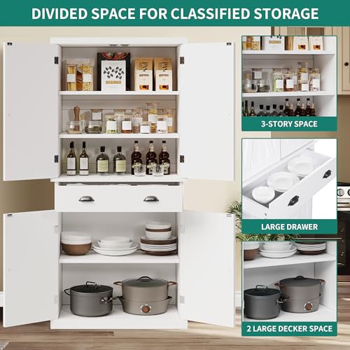 YITAHOME 72'' Farmhouse Kitchen Pantry Storage Cabinet, Tall Freestanding Cupboard with Drawer and Adjustable Shelves, Sideboard Buffet Cabinet for Kitchen, Dining Room, Living Room, White