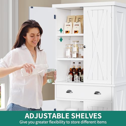 YITAHOME 72'' Farmhouse Kitchen Pantry Storage Cabinet, Tall Freestanding Cupboard with Drawer and Adjustable Shelves, Sideboard Buffet Cabinet for Kitchen, Dining Room, Living Room, White