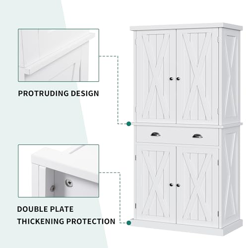 YITAHOME 72'' Farmhouse Kitchen Pantry Storage Cabinet, Tall Freestanding Cupboard with Drawer and Adjustable Shelves, Sideboard Buffet Cabinet for Kitchen, Dining Room, Living Room, White