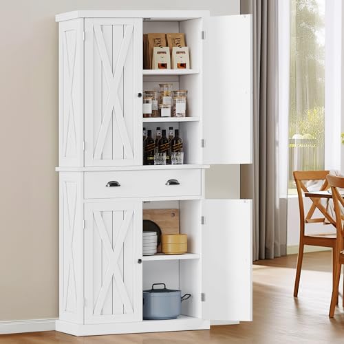 YITAHOME 72'' Farmhouse Kitchen Pantry Storage Cabinet, Tall Freestanding Cupboard with Drawer and Adjustable Shelves, Sideboard Buffet Cabinet for Kitchen, Dining Room, Living Room, White