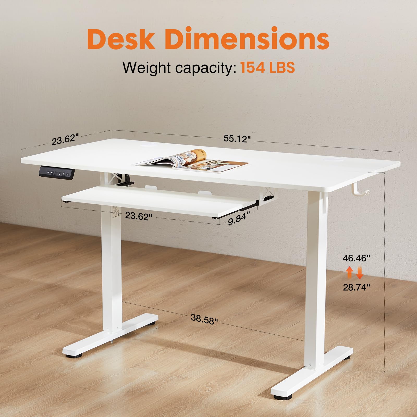 Sweetcrispy Standing Desk with Keyboard Tray, Ergonomic Height Adjustable Desk with 3 Memory Presets, 55 x 24'' Stand Up Desk Electric Standing Desk Adjustable Height, Computer Desk Home Office-White