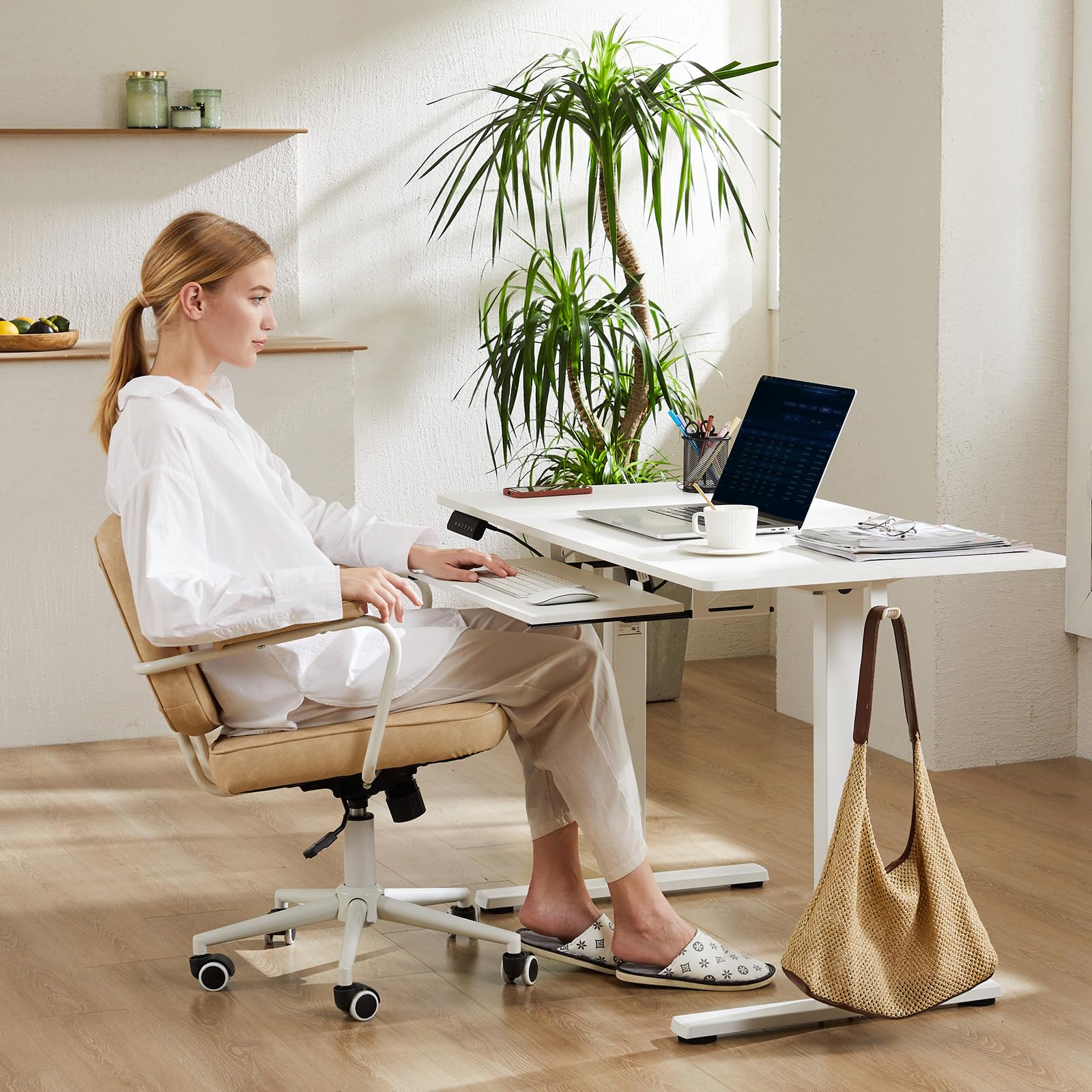 Sweetcrispy Standing Desk with Keyboard Tray, Ergonomic Height Adjustable Desk with 3 Memory Presets, 55 x 24'' Stand Up Desk Electric Standing Desk Adjustable Height, Computer Desk Home Office-White