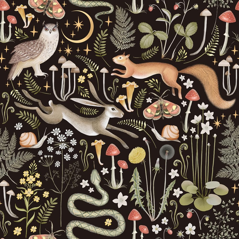 MAGAFA Peel and Stick Wallpaper - Fairytale Forest Moon and Stars - Owls, Snakes - Green, Red, Yellow, Brown, White - Matte - Waterproof - Reusable - 17.71" x 118.1" - Wall Art