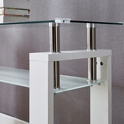 Goderfuu Glass Console Table, 2-Tier Rectangle White Console Table with Storage Shelf, White Entryway Table with Solid Wood Base, Rectangular Narrow Tables Sofa Table for Living Room Hallway Table