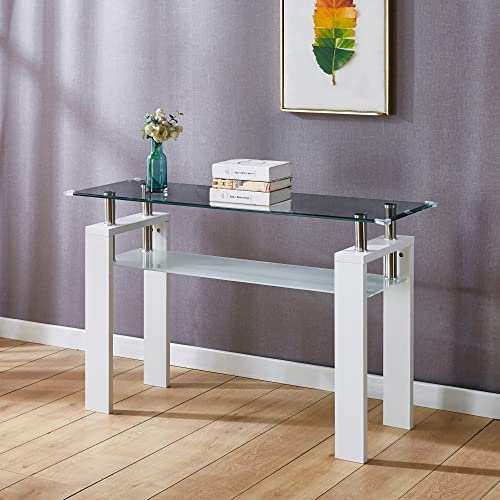 Goderfuu Glass Console Table, 2-Tier Rectangle White Console Table with Storage Shelf, White Entryway Table with Solid Wood Base, Rectangular Narrow Tables Sofa Table for Living Room Hallway Table