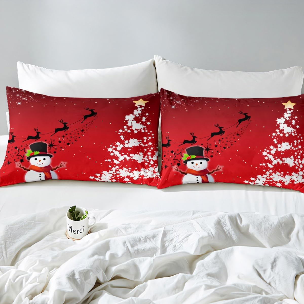 Christmas Tree Bed Sheets Full Size for Girls & Boys - Merry Christmas Fitted Sheet with Snowman & Elk Design - Happy New Year & Xmas Bedding Set - Red