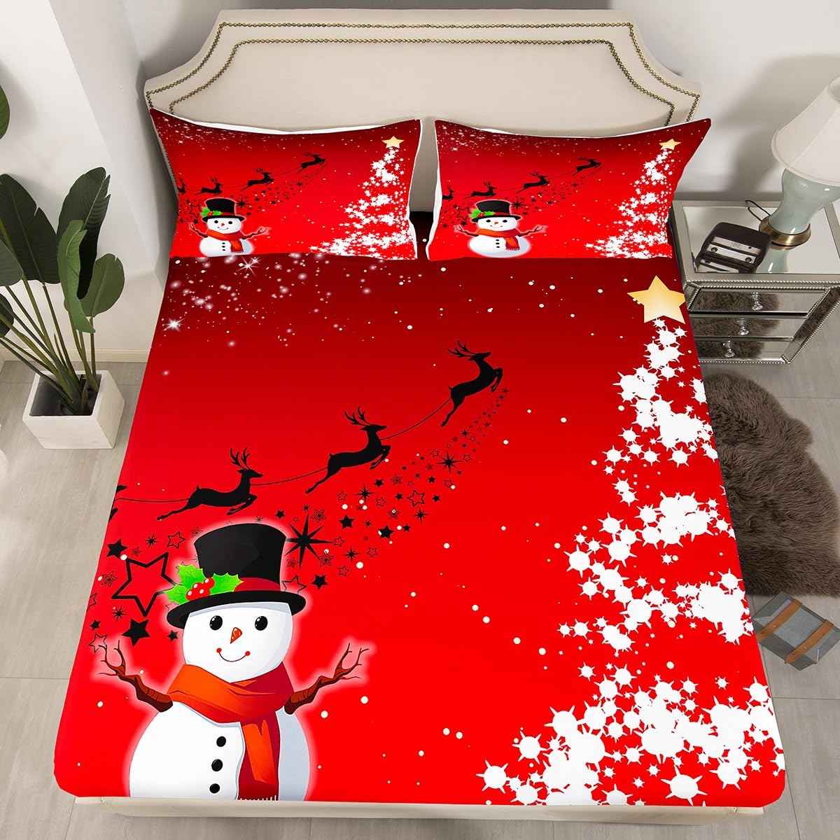 Christmas Tree Bed Sheets Full Size for Girls & Boys - Merry Christmas Fitted Sheet with Snowman & Elk Design - Happy New Year & Xmas Bedding Set - Red
