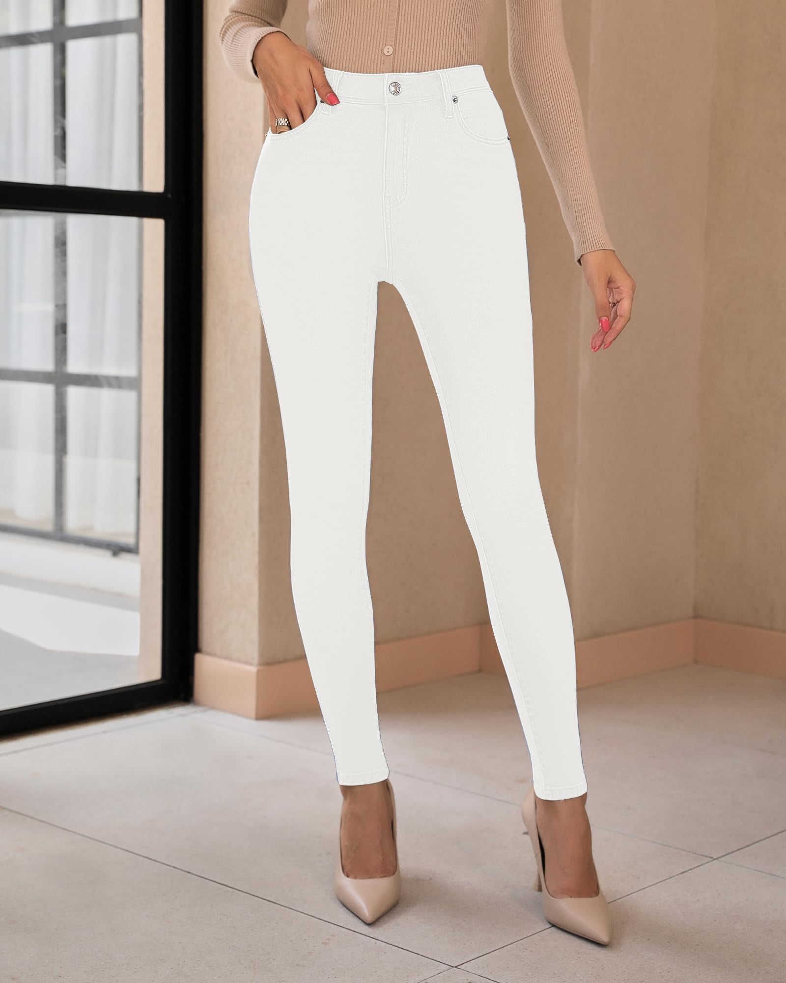 GRAPENT Womens Pants - Slim Fit Denim Leggings, Western Outfit, Skinny Jeans, Off White, XXL/22