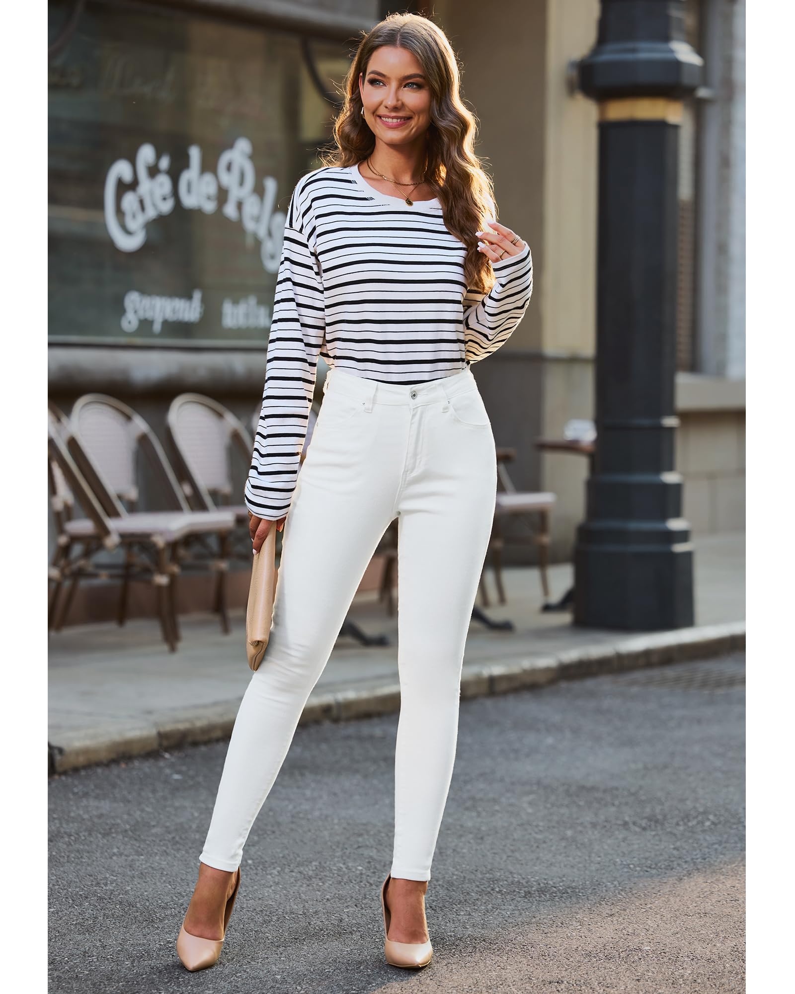 GRAPENT Womens Pants - Slim Fit Denim Leggings, Western Outfit, Skinny Jeans, Off White, XXL/22