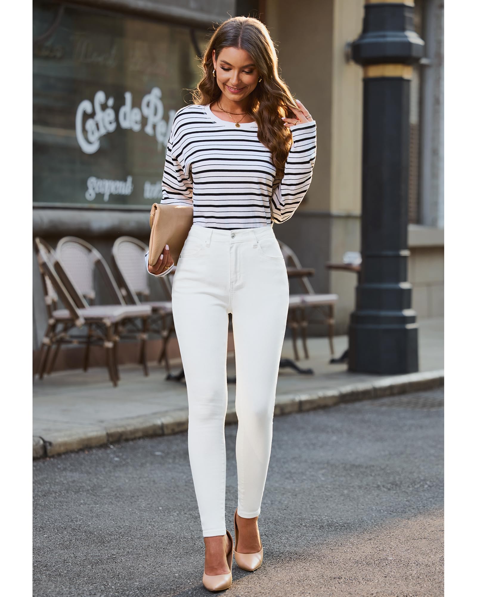GRAPENT Womens Pants - Slim Fit Denim Leggings, Western Outfit, Skinny Jeans, Off White, XXL/22