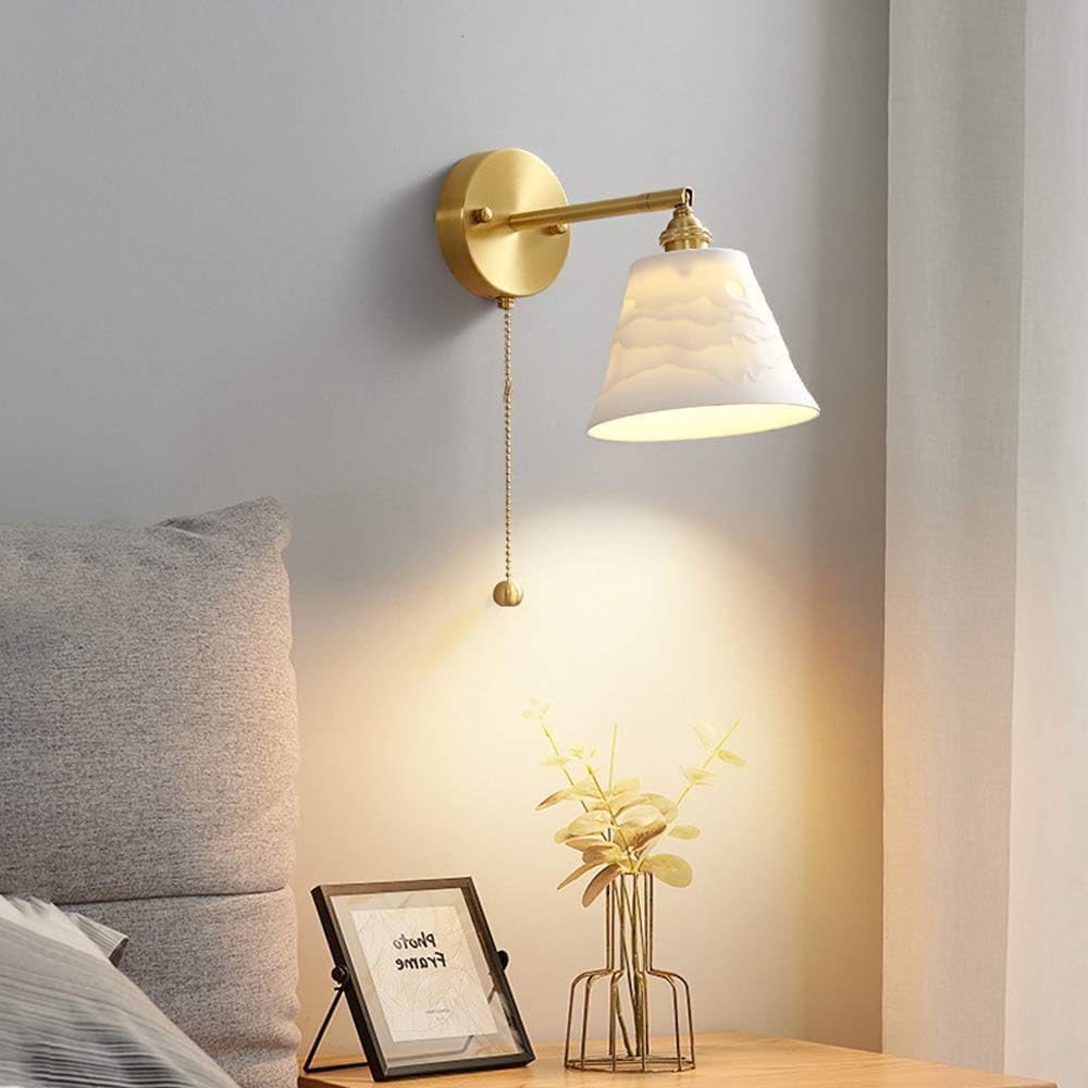 MAIYO Nordic Brass Metal Indoor Wall Light, White Ceramic Wall Lamp with Pull Cord Switch, Home Decorative Wall Sconce, for Bedroom Living Room