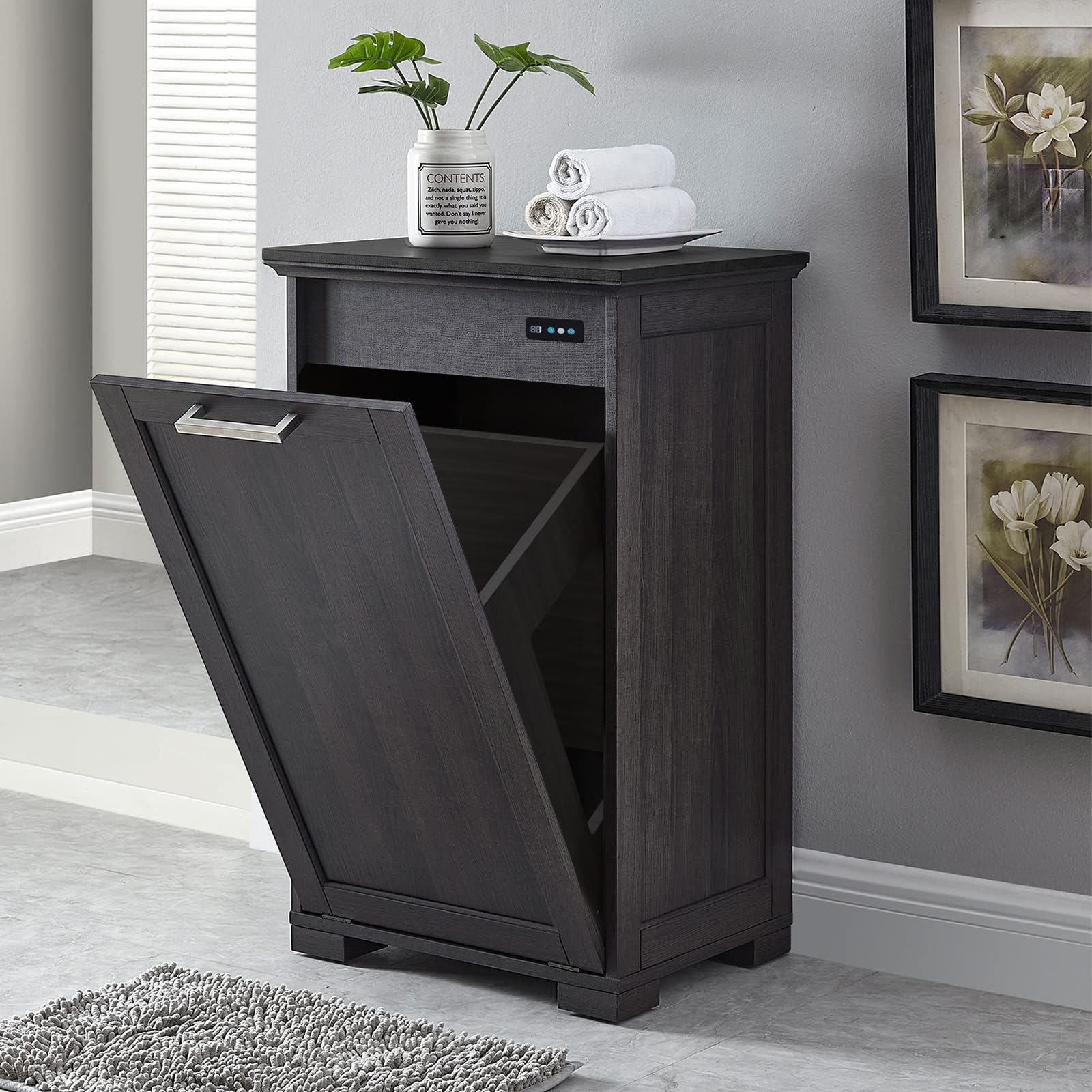UpWiew Tilt Out Trash Cabinet Wooden, Single Door 10 Gallons, Espresso Finish+Black Top Panel