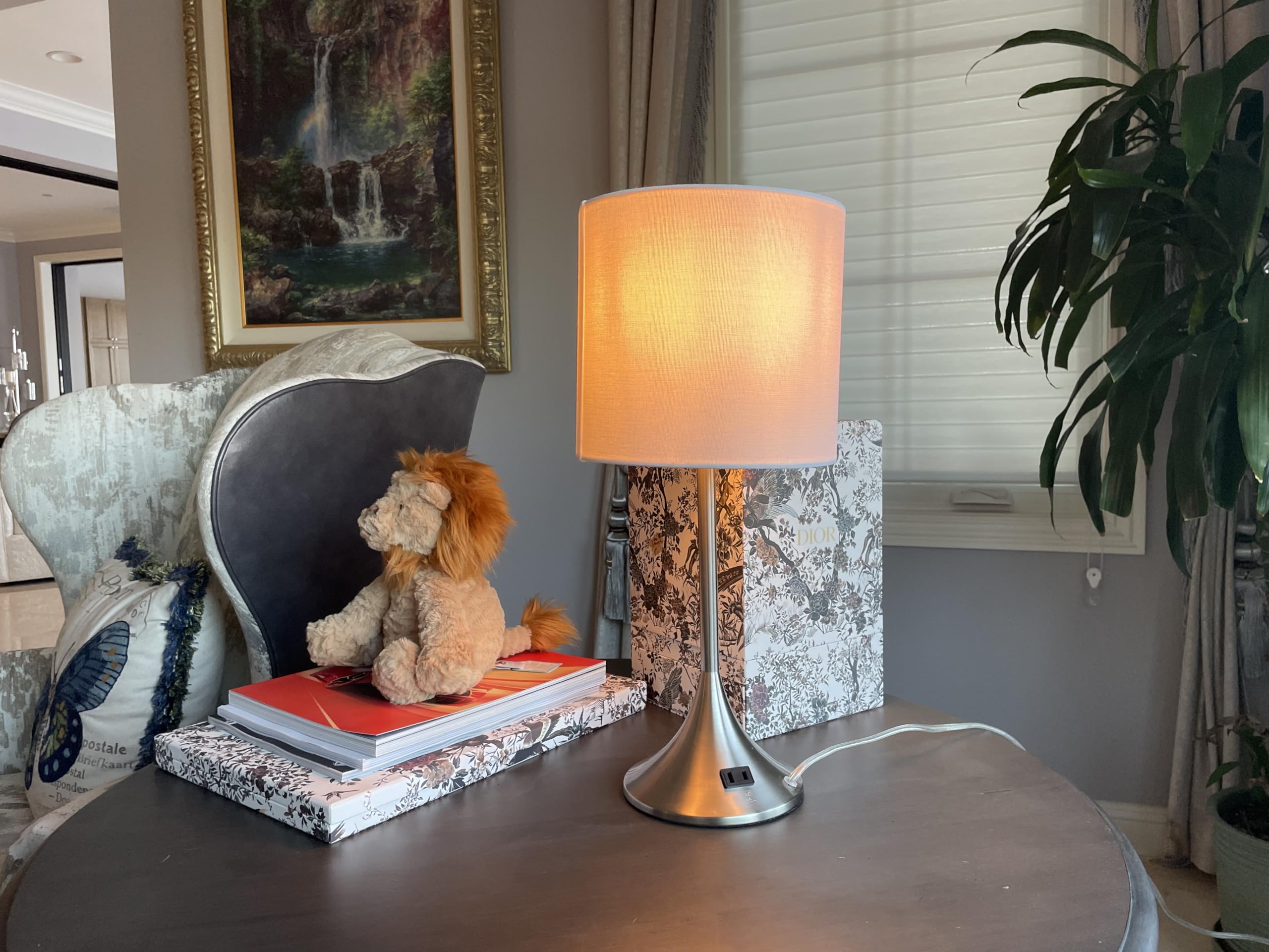 Tower Table Lamp with 120V 60W Outlet, Side Table Lamp for Living Room Guest Room, and Lighting Fixture Dining Room- Silver- E26-19 H