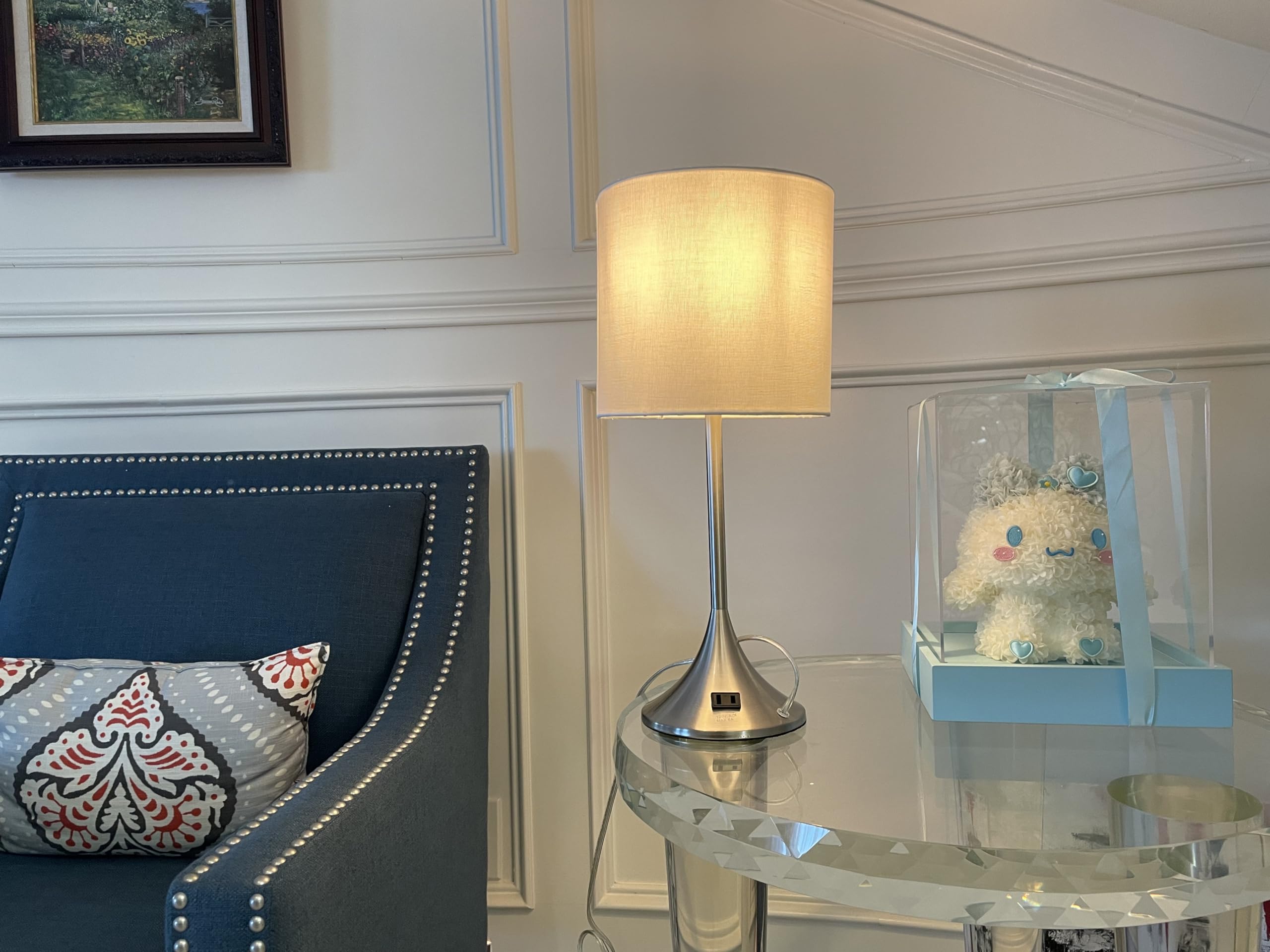Tower Table Lamp with 120V 60W Outlet, Side Table Lamp for Living Room Guest Room, and Lighting Fixture Dining Room- Silver- E26-19 H