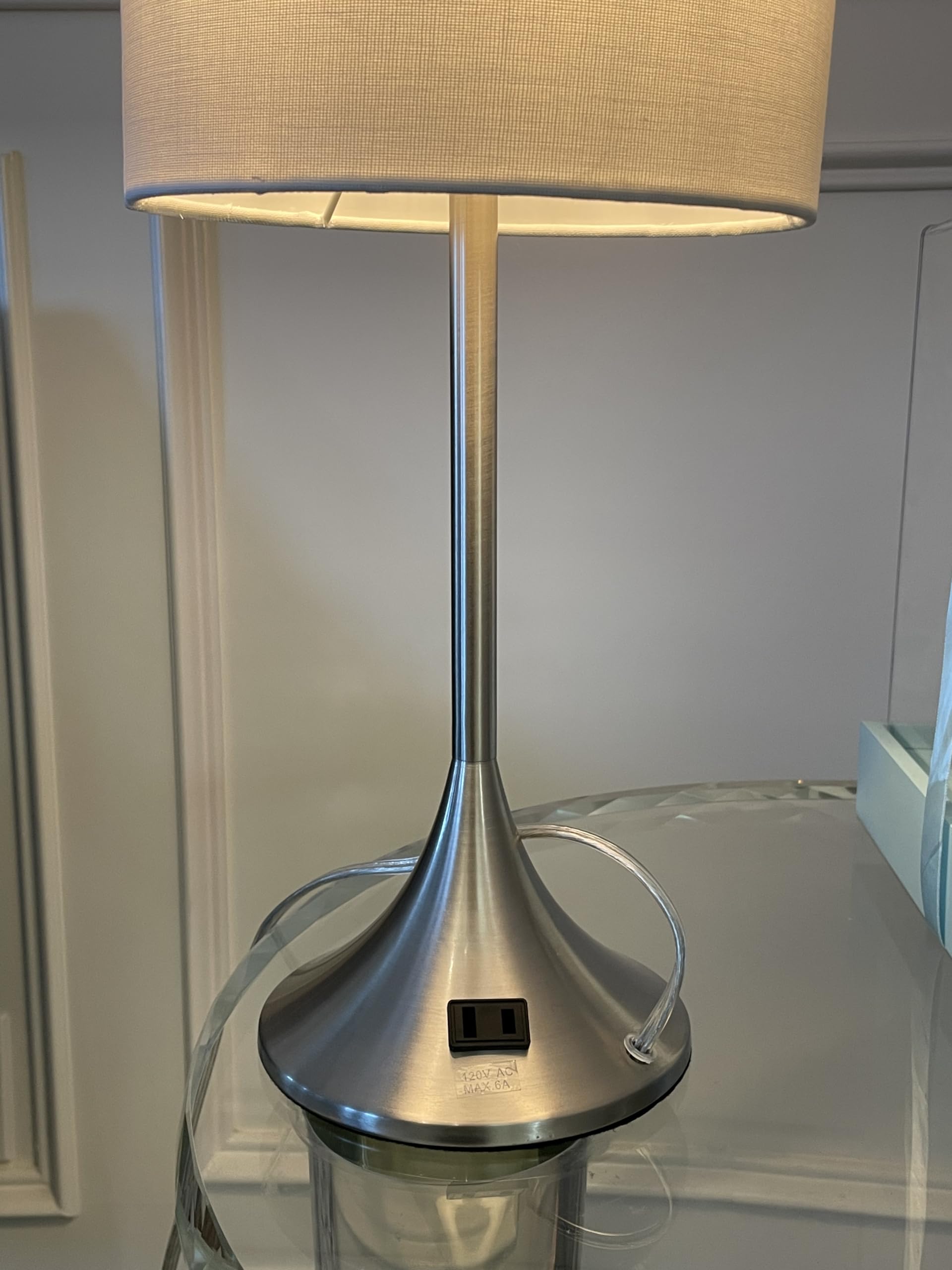 Tower Table Lamp with 120V 60W Outlet, Side Table Lamp for Living Room Guest Room, and Lighting Fixture Dining Room- Silver- E26-19 H