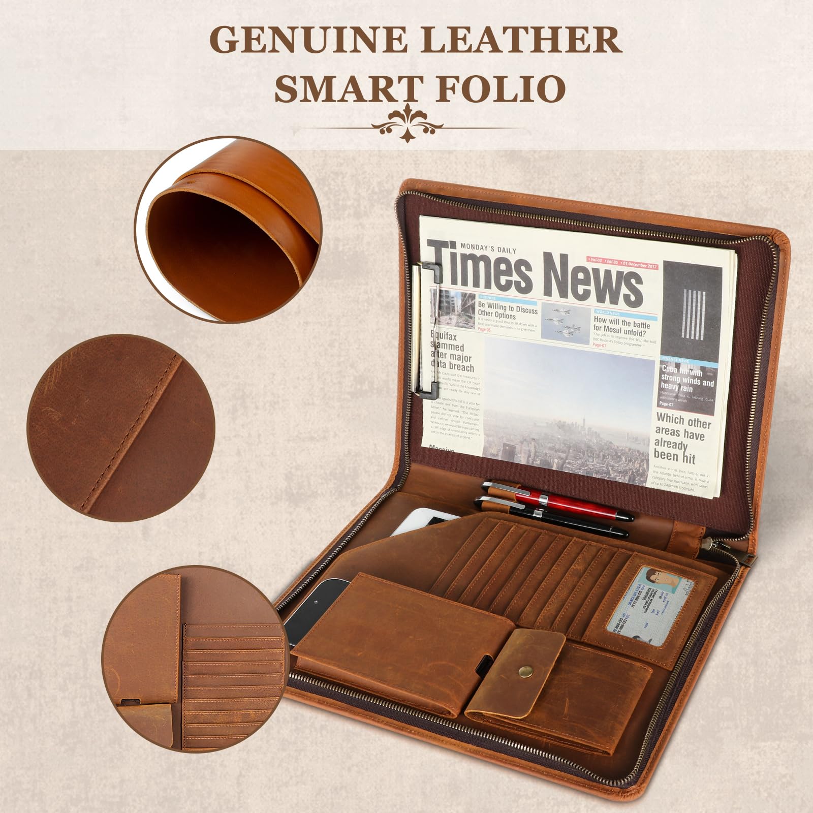 Full Grain Leather Portfolio Binder, Padfolio Business Resume Legal Pad Notebook Binder for A4/Pad, Folio Leather Folder, Tablet Padfolio for iPad, Portfolio Organizer with Zipper for Women/Men