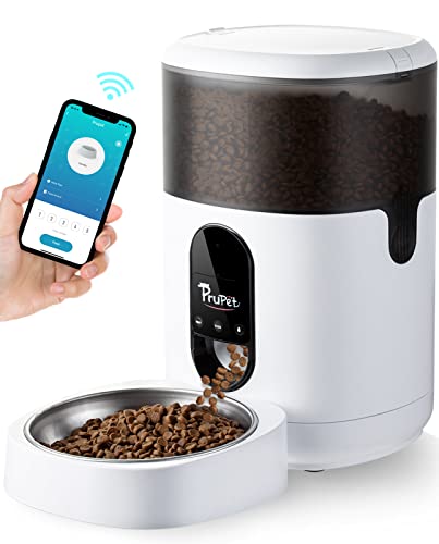 Prupet WiFi Automatic Cat Feeders, 4L Timed Cat Feeder, Cat Food Dispenser with Stainless Steel Bowl , APP Control Pet Feeder, Programmable Portion Control Meals, Granary for Small/Medium Pets